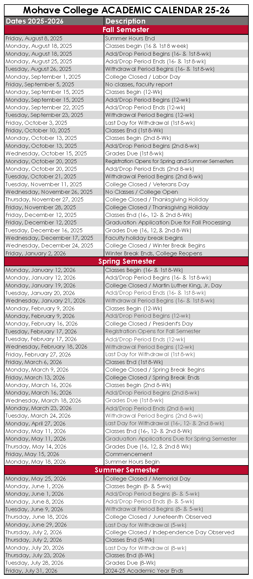 2025-2026 Academic Calendar - Mohave Community College - Modern Campus ...